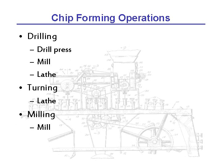Chip Forming Operations Drilling Drill press Mill Lathe