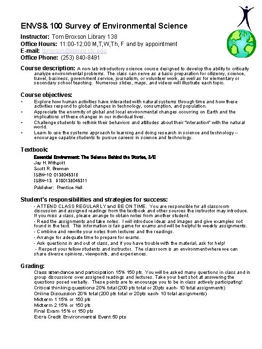 ENVS 100 Survey of Environmental Science Instructor Tom