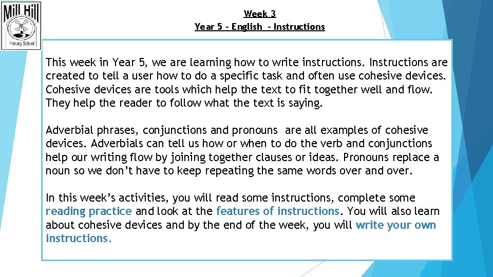 Week 3 Year 5 English Instructions This week