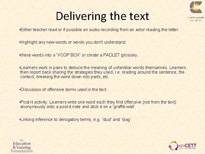 To My Old Master Lesson Objective To learn