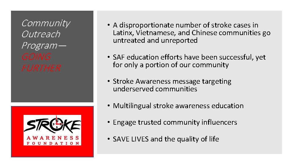 Stroke Awareness Foundation Increasing community awareness to better