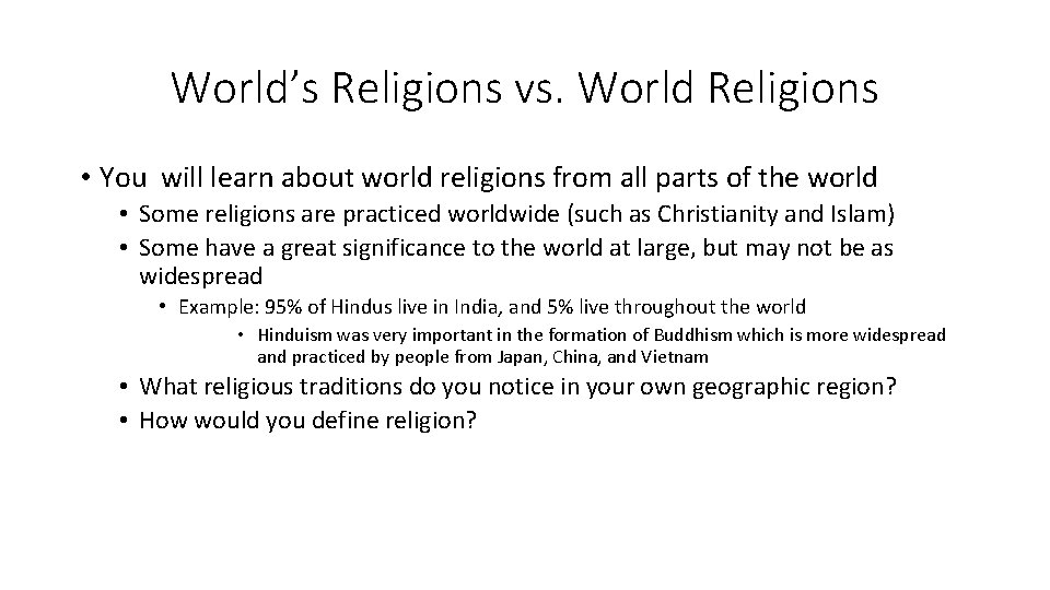 Introduction to World Religions Moment of Prayer Objectives