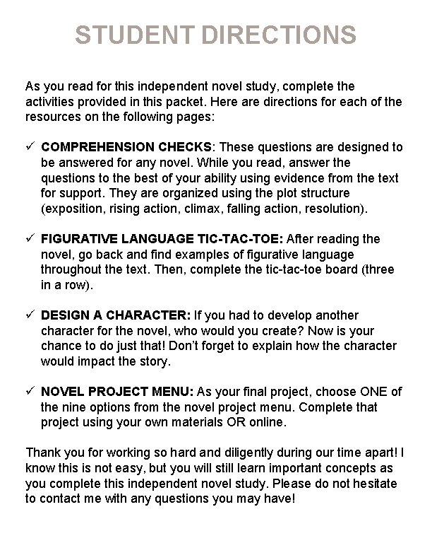 STUDENT DIRECTIONS As you read for this independent