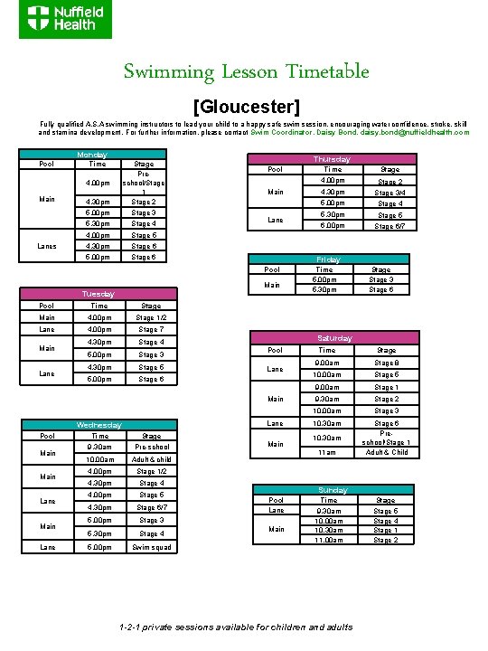 Swimming Lesson Timetable Gloucester Fully qualified A S