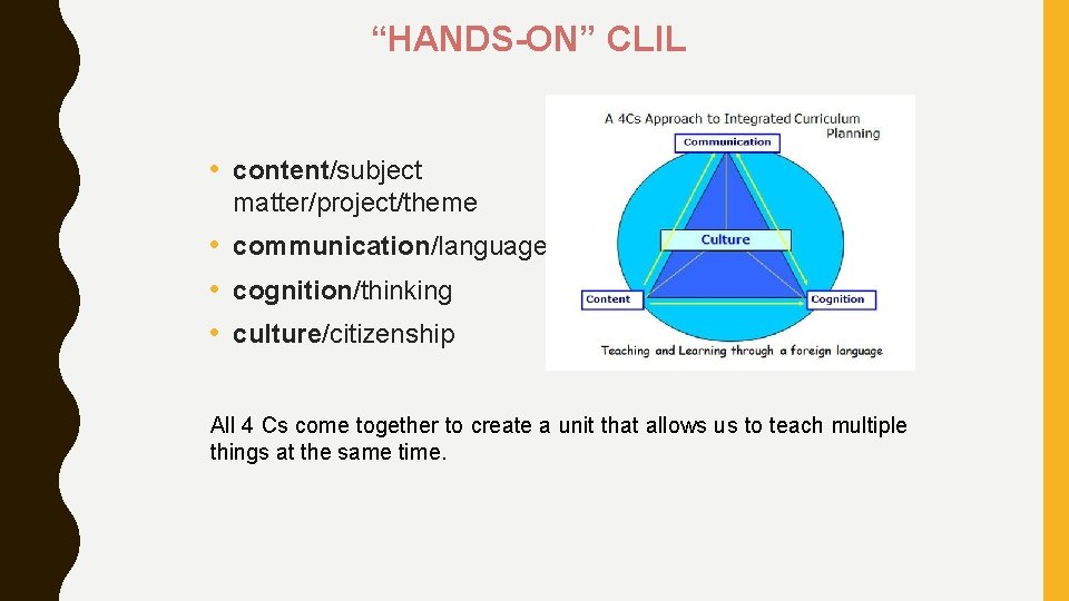 The 4 Cs teaching framework CLIL METHODOLOGY In