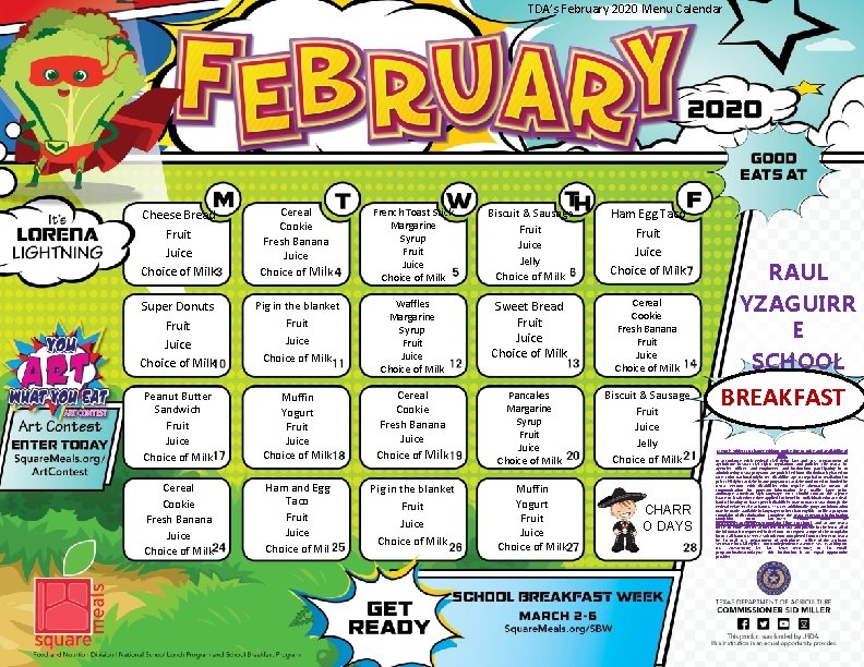 TDAs February 2020 Menu Calendar Cheese Bread Fruit