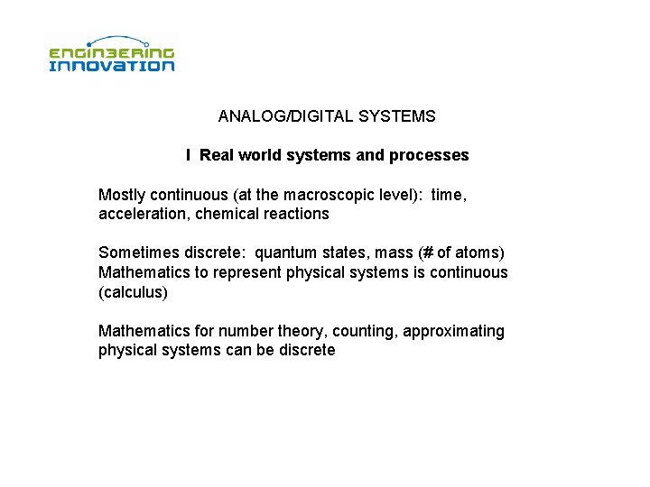 ANALOGDIGITAL SYSTEMS I Real world systems and processes