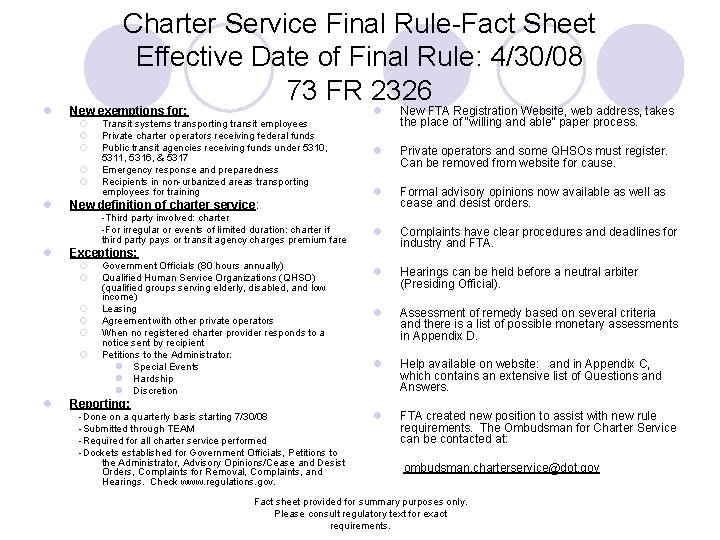 l Charter Service Final RuleFact Sheet Effective Date