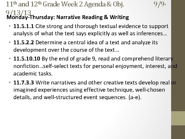 11 th and 12 th Grade Week 2