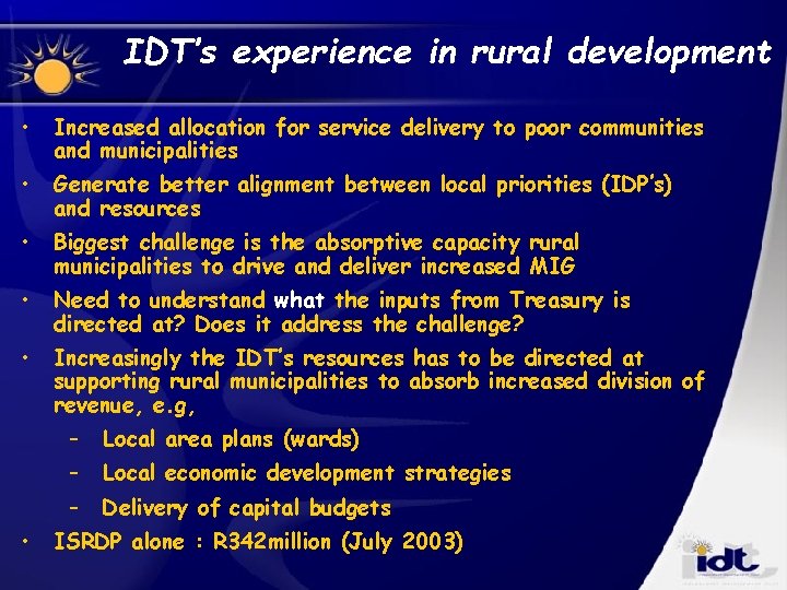 Independent Development Trust IDT Presentation to the JOINT