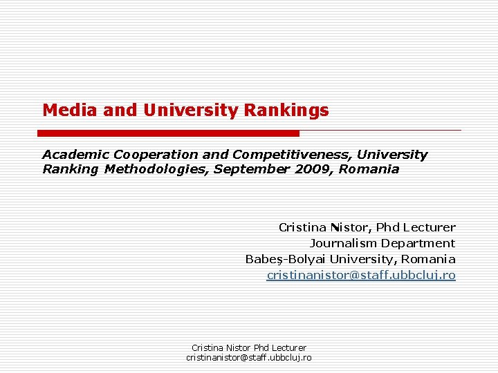 Media and University Rankings Academic Cooperation and Competitiveness