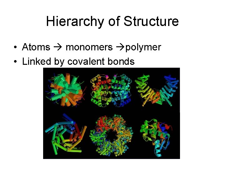 Macromolecules Hierarchy of Structure Atoms monomers polymer Linked
