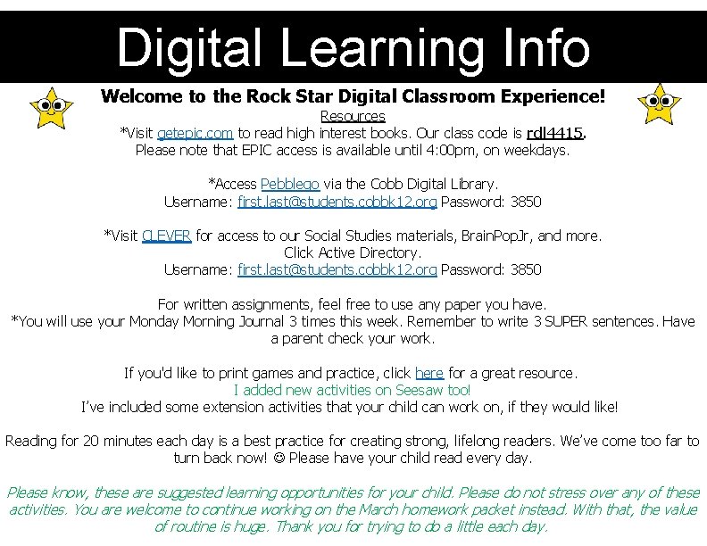 Digital Learning Info Welcome to the Rock Star