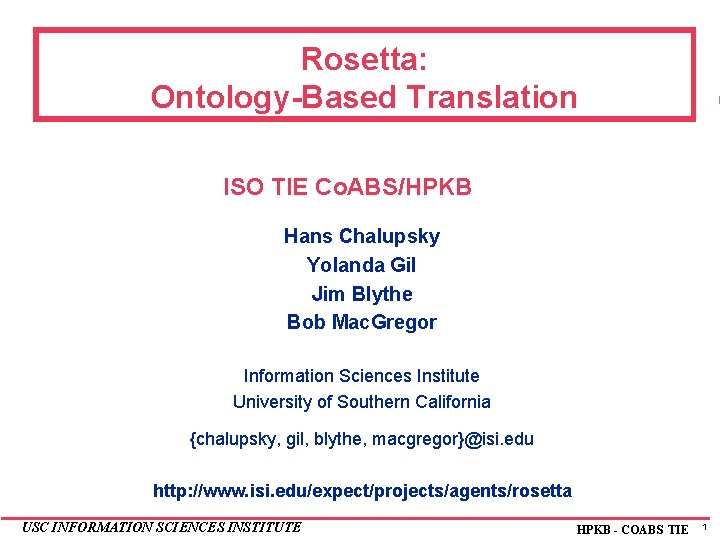 Rosetta OntologyBased Translation ISO TIE Co ABSHPKB Hans