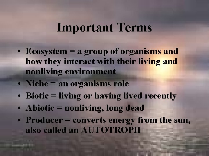 Ecosystems Important Terms Ecosystem a group of organisms