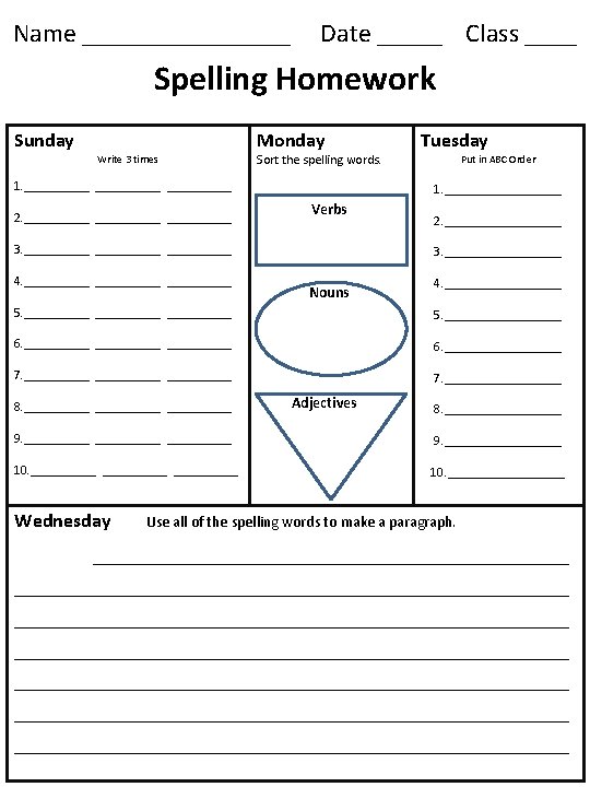 Name Date Class Spelling Homework Sunday Write each
