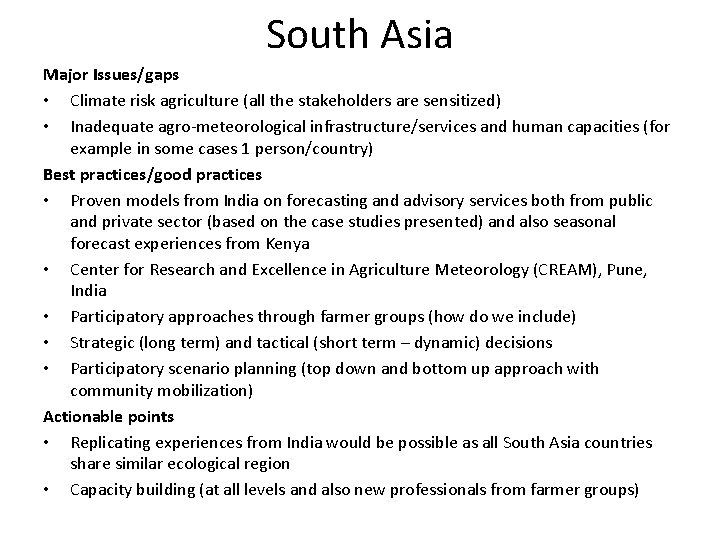 South Asia Major Issuesgaps Climate risk agriculture all