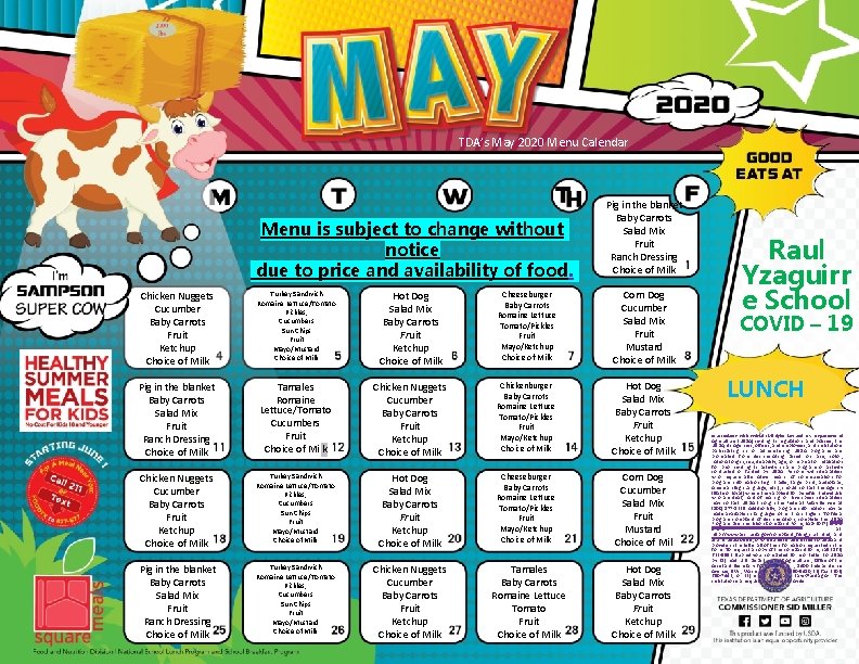 TDAs May 2020 Menu Calendar Menu is subject