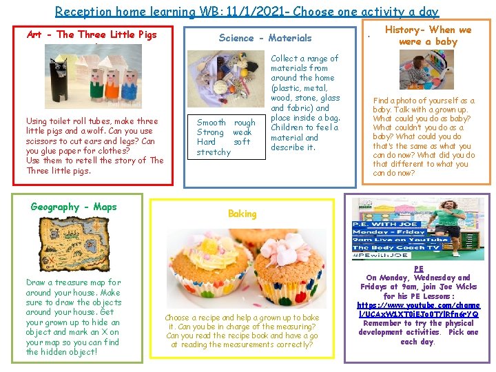 Reception home learning WB 1112021 Choose one activity