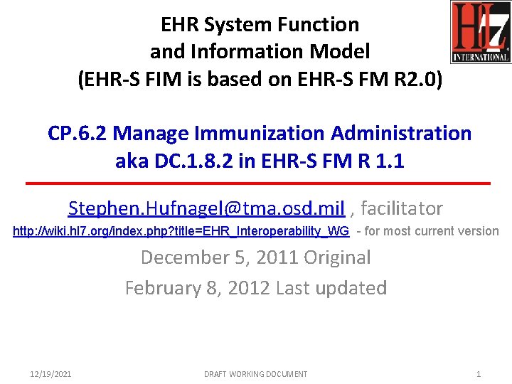 EHR System Function and Information Model EHRS FIM