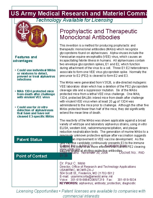 US Army Medical Research and Materiel Command Technology