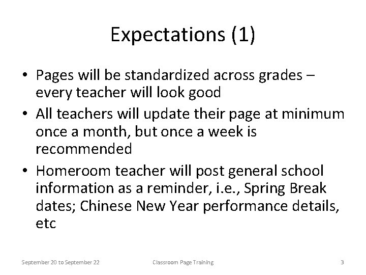 Classroom Page Training September 20 to September 22