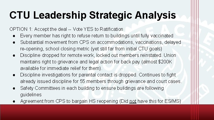 CTU Tentative Framework CTU Leadership Strategic Analysis OPTION