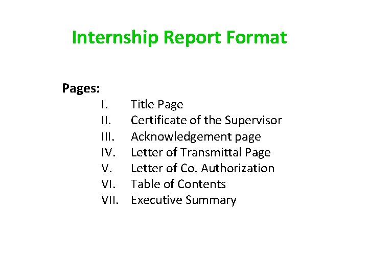 Internship Report Format Pages I III IV V