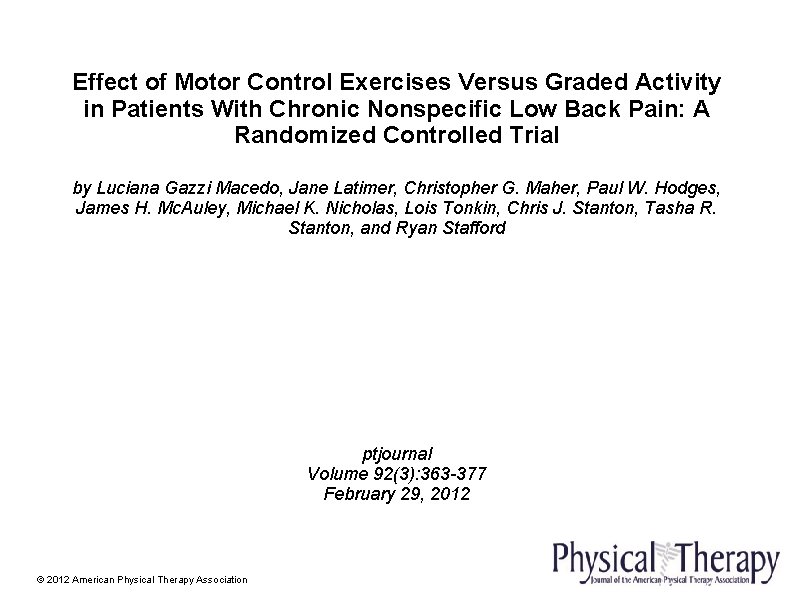 Effect of Motor Control Exercises Versus Graded Activity
