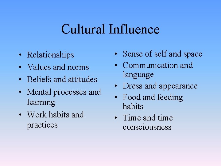 Environmental Influences Types of influences Cultural Social Personal