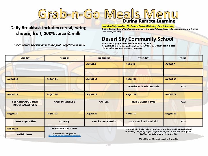 GrabnGo Meals Menu During Remote Learning Daily Breakfast