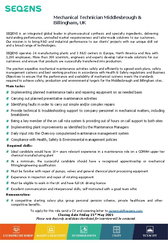 Mechanical Technician Middlesbrough Billingham UK SEQENS is an