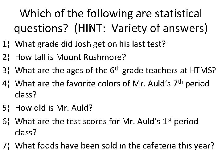 Review Activity for Statistics Part I Test Thursday
