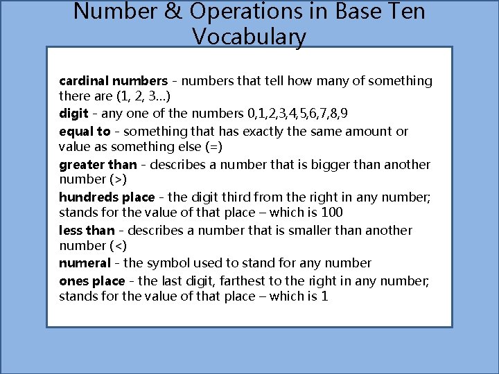 Number Operations in Base Ten Vocabulary cardinal numbers