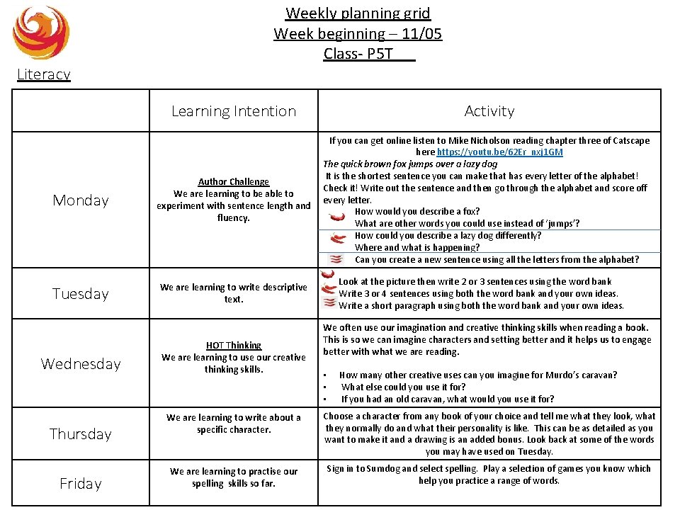 Literacy Weekly planning grid Week beginning 1105 Class