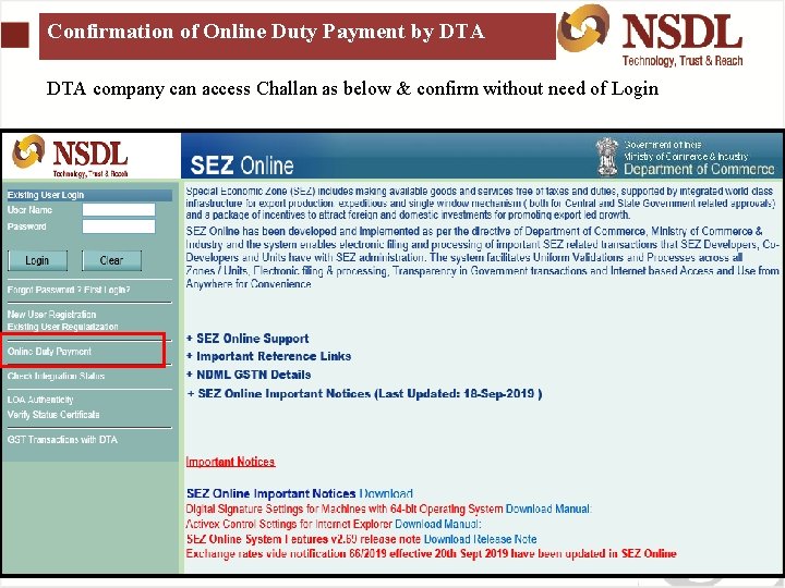 ONLINE PAYMENT OF CUSTOMS DUTY SEZ to DTA