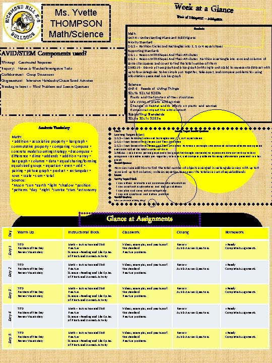 Week at a Glance Ms Yvette THOMPSON MathScience