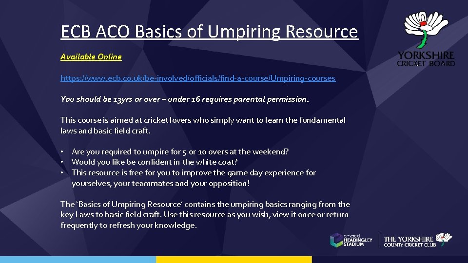 ACO DROP IN SESSION Yorkshire Cricket Board Agenda