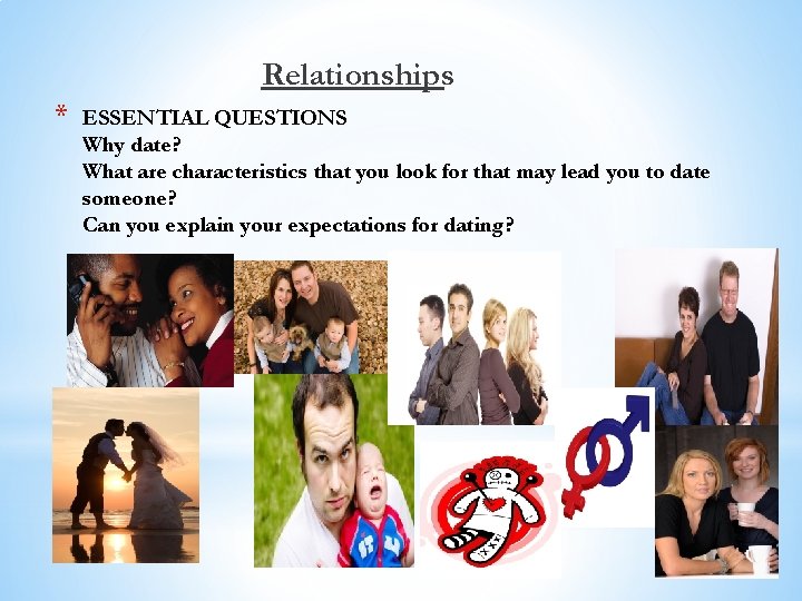 Relationships ESSENTIAL QUESTIONS Why date What are characteristics