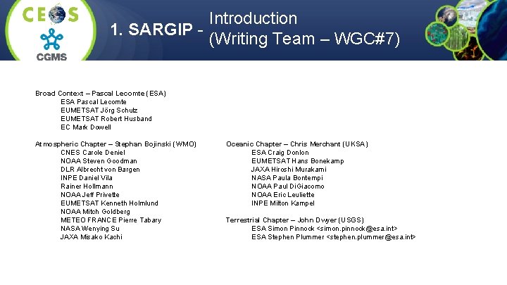 WGClimate Meeting 8 Pascal Lecomte WGClimate Chair September
