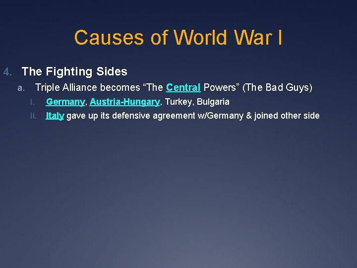 World War I Outcome Causes for World War
