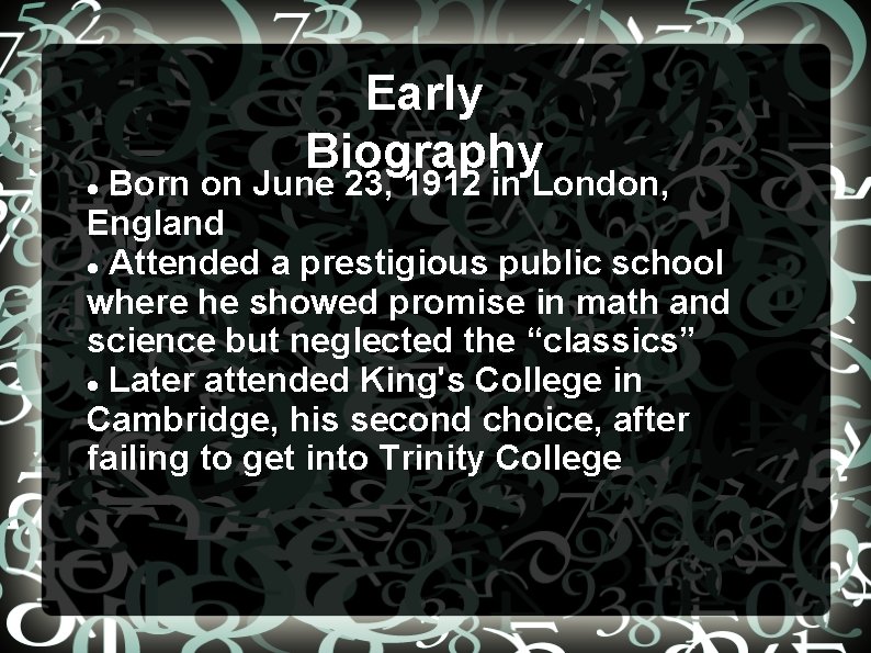 Alan Turing 1912 1954 Early Biography Born on