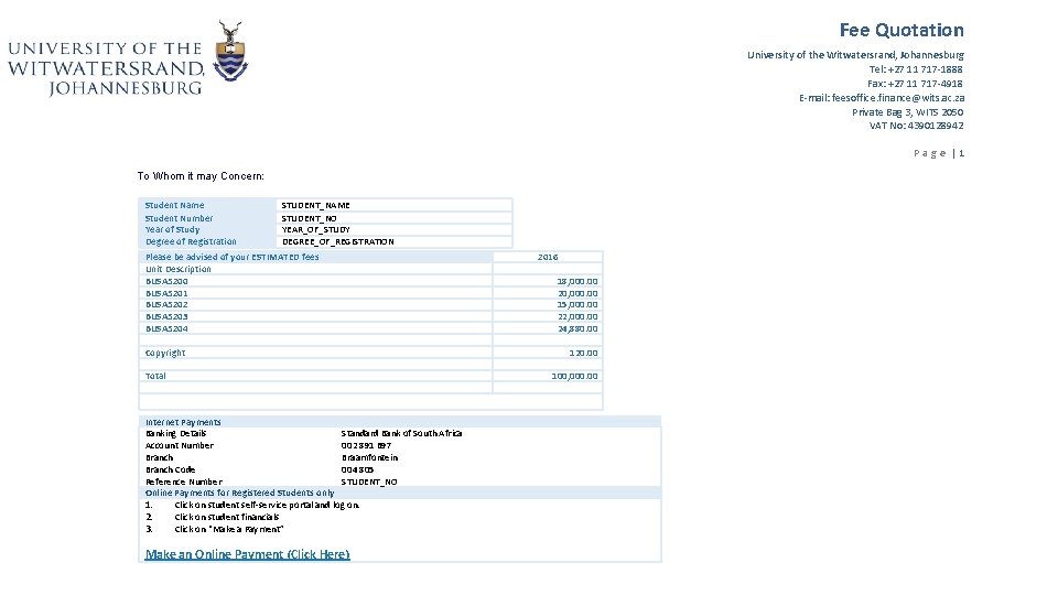 The Fees Calculator University of the Witwatersrand Johannesburg