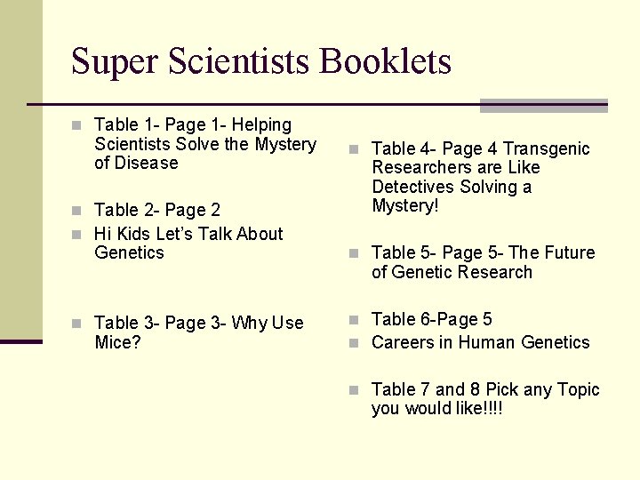 Super Scientists Booklets n Table 1 Page 1
