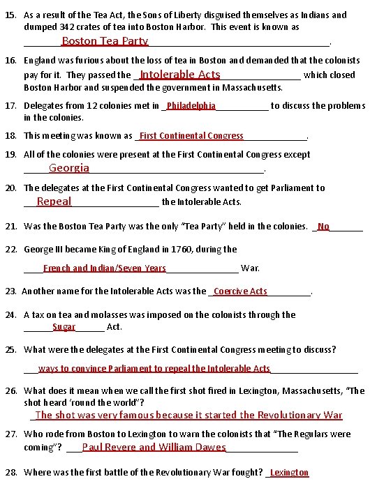 Study Guide Events Leading to the American Revolution