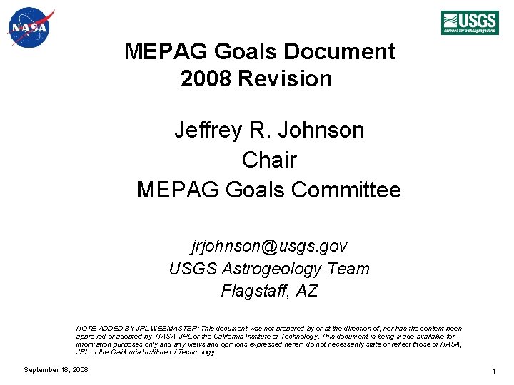 MEPAG Goals Document 2008 Revision Jeffrey R Johnson