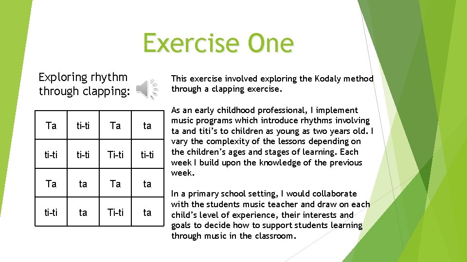 Exercise One Exploring rhythm through clapping This exercise