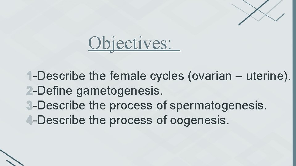 Gametogenesis Objectives 1 Describe the female cycles ovarian