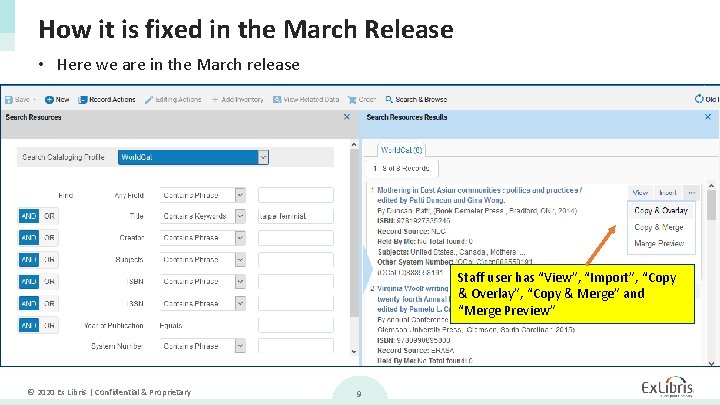 Copy and merge options for copy cataloging in