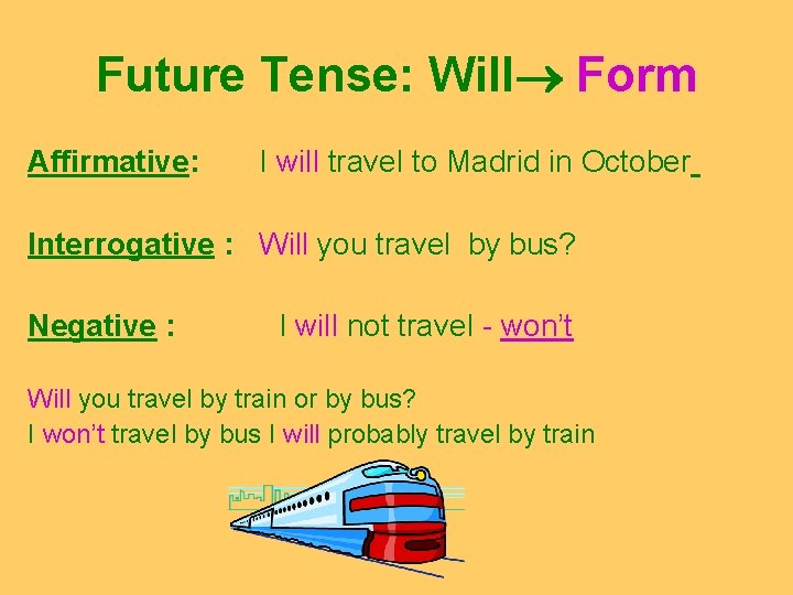 FUTURE TENSES WILL GOING TO I will travel